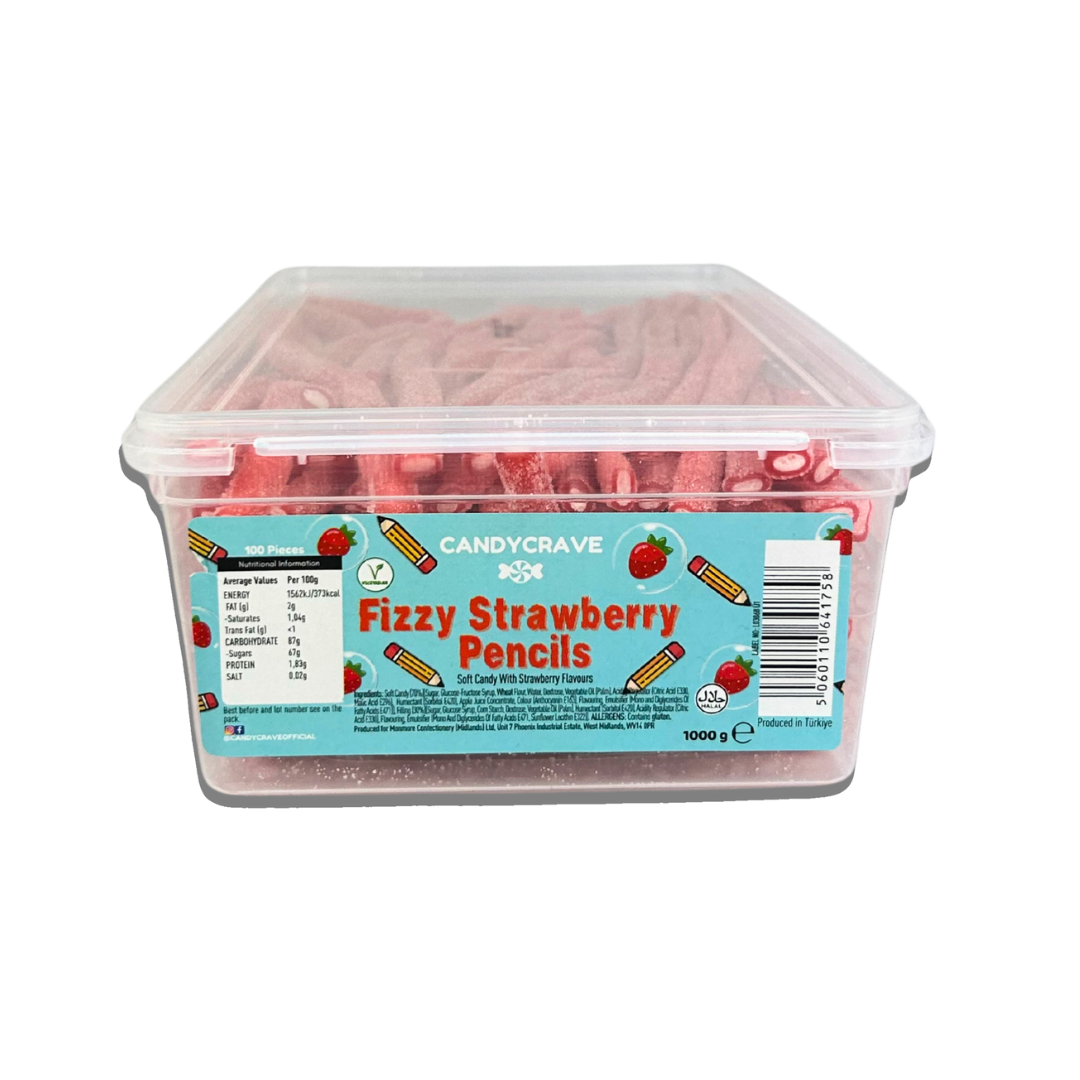Candycrave Sour Strawberry Pencils Tub – Halal Fizzy Pencils 1kg