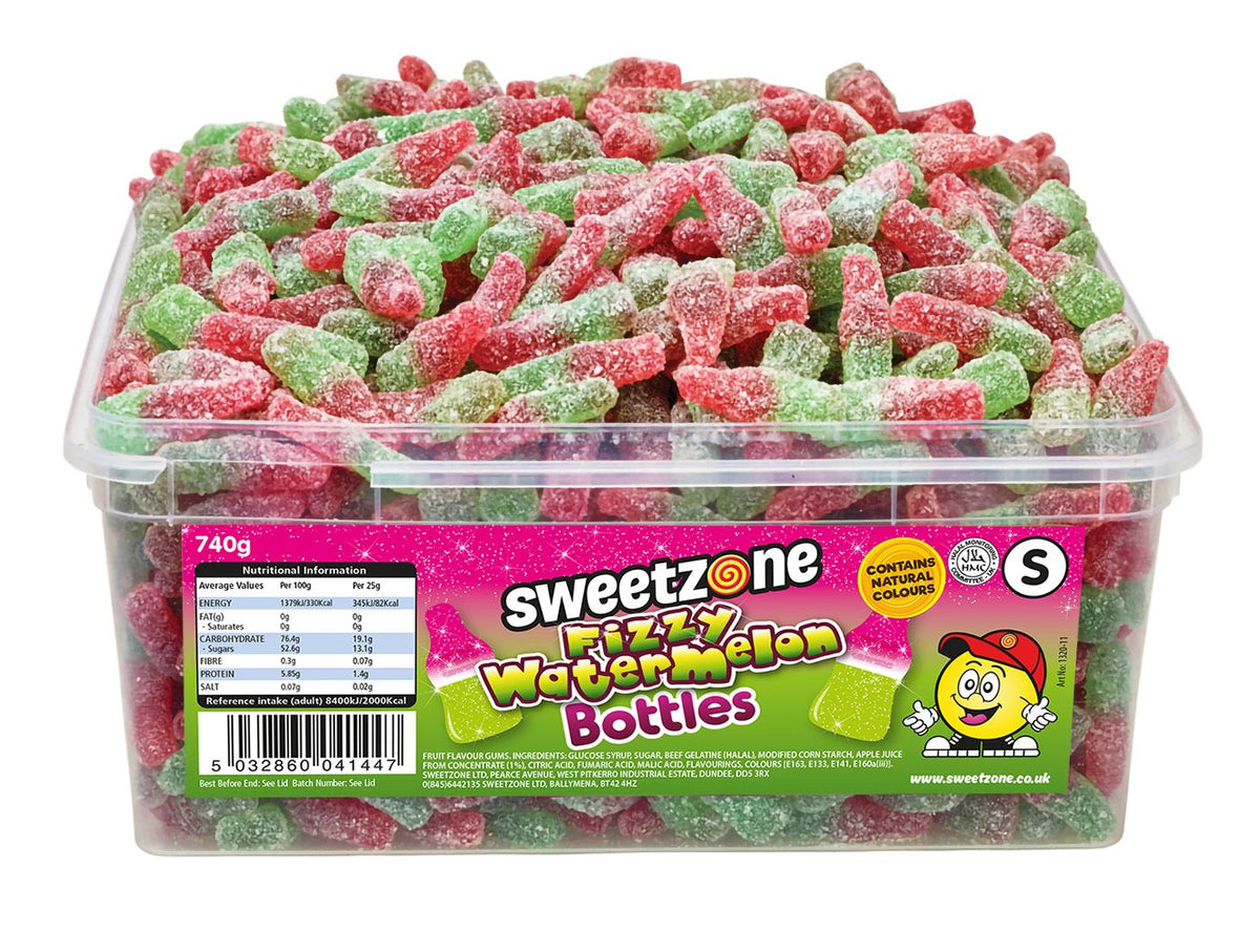 Halal Sweets: Sweetzone Fizzy Watermelon Bottles Tub 740g – Candycrave