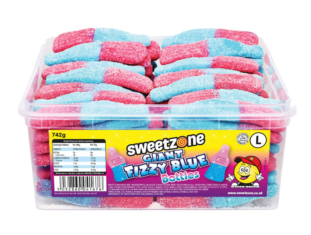 Halal Sweets: Sweetzone Giant Fizzy Blue Bottles Tub 742g – Candycrave