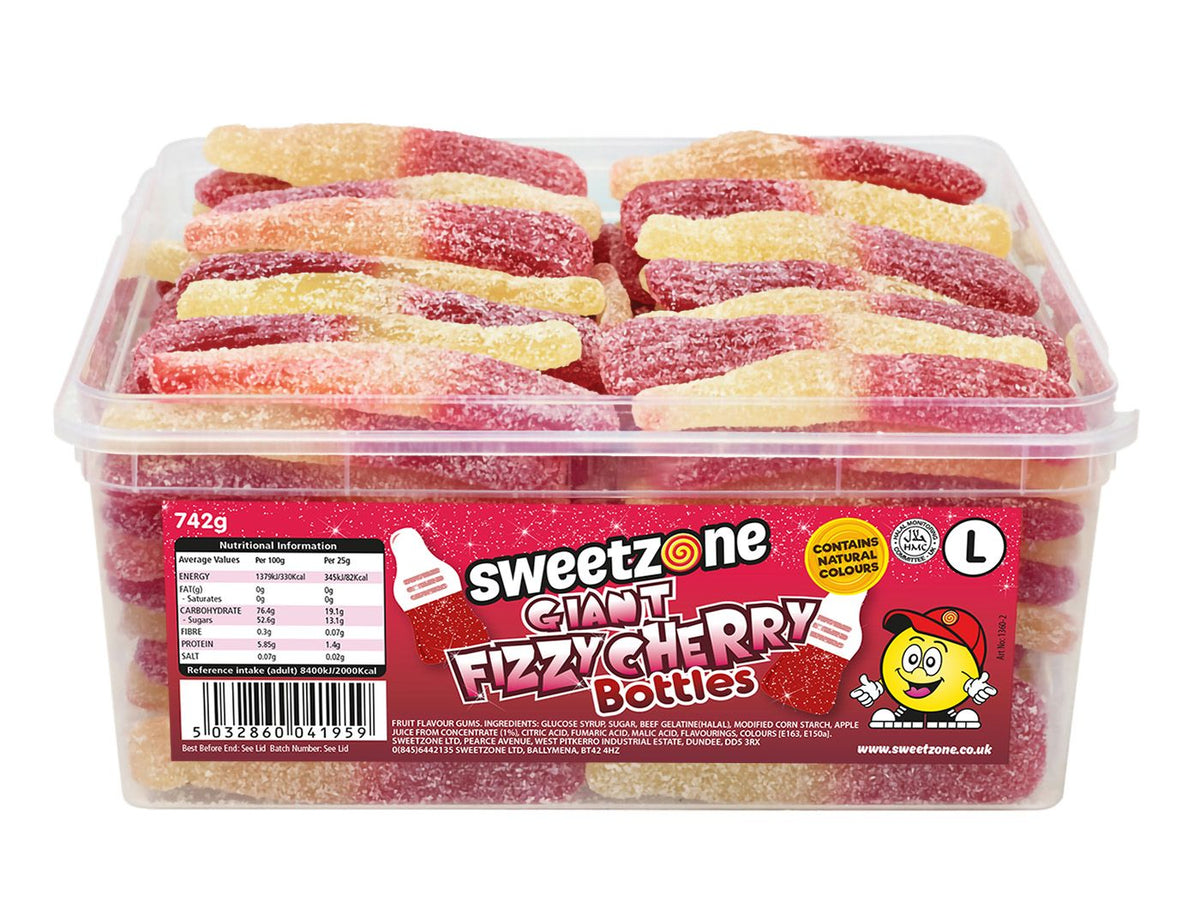 Halal Sweets: Sweetzone Giant Fizzy Cherry Bottles Tub 742g – Candycrave