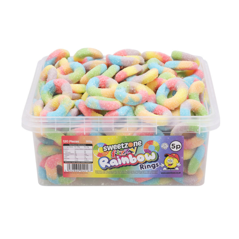 Halal Sweets: Sweetzone Fizzy Rainbow Rings Tub 120x5p – Candycrave